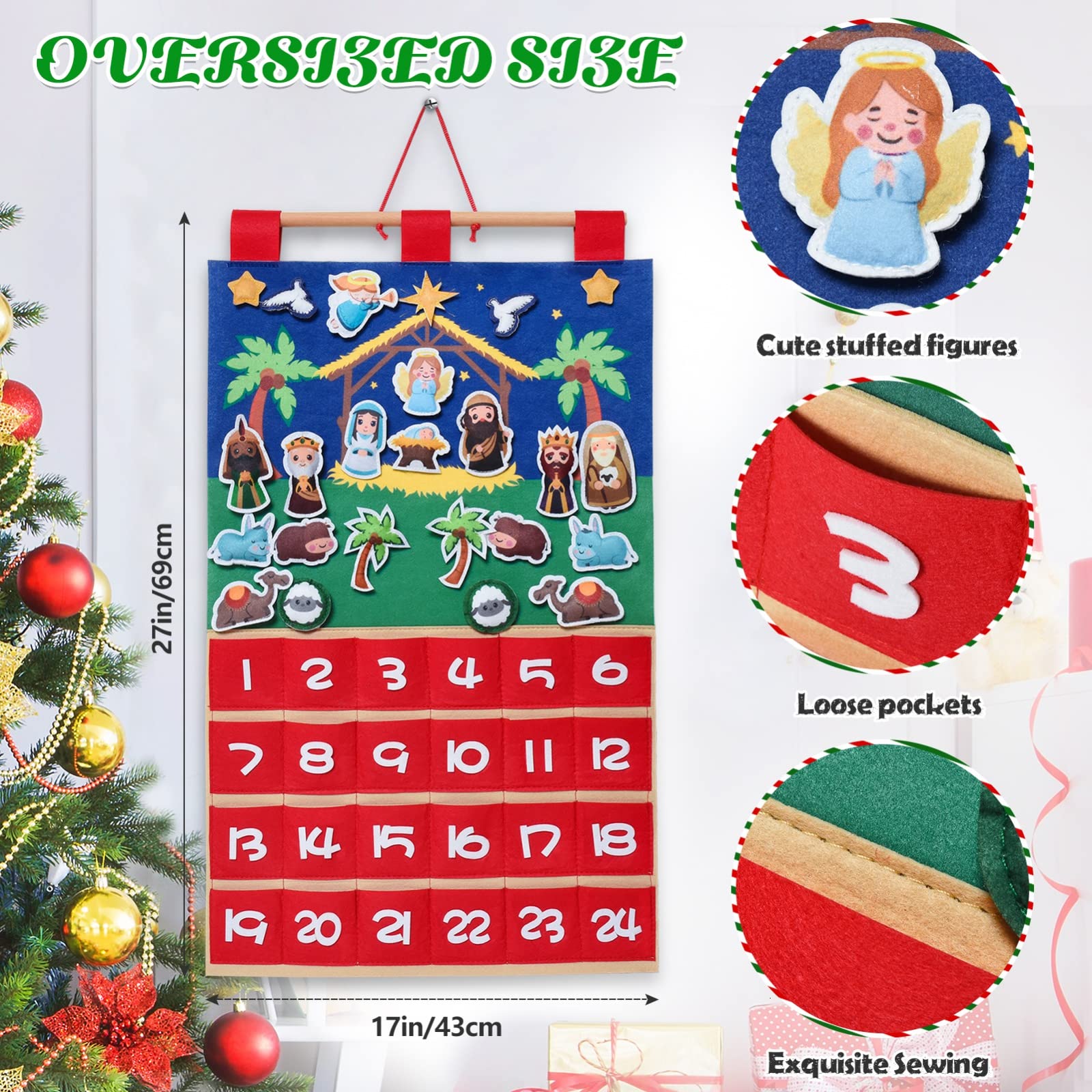 Timoo Nativity Advent Calendar 2024 Fabric Christmas Countdown Calendar for Kids Wall Christmas Advent Calendar with Pockets and 24 Unique Stuffed Figures