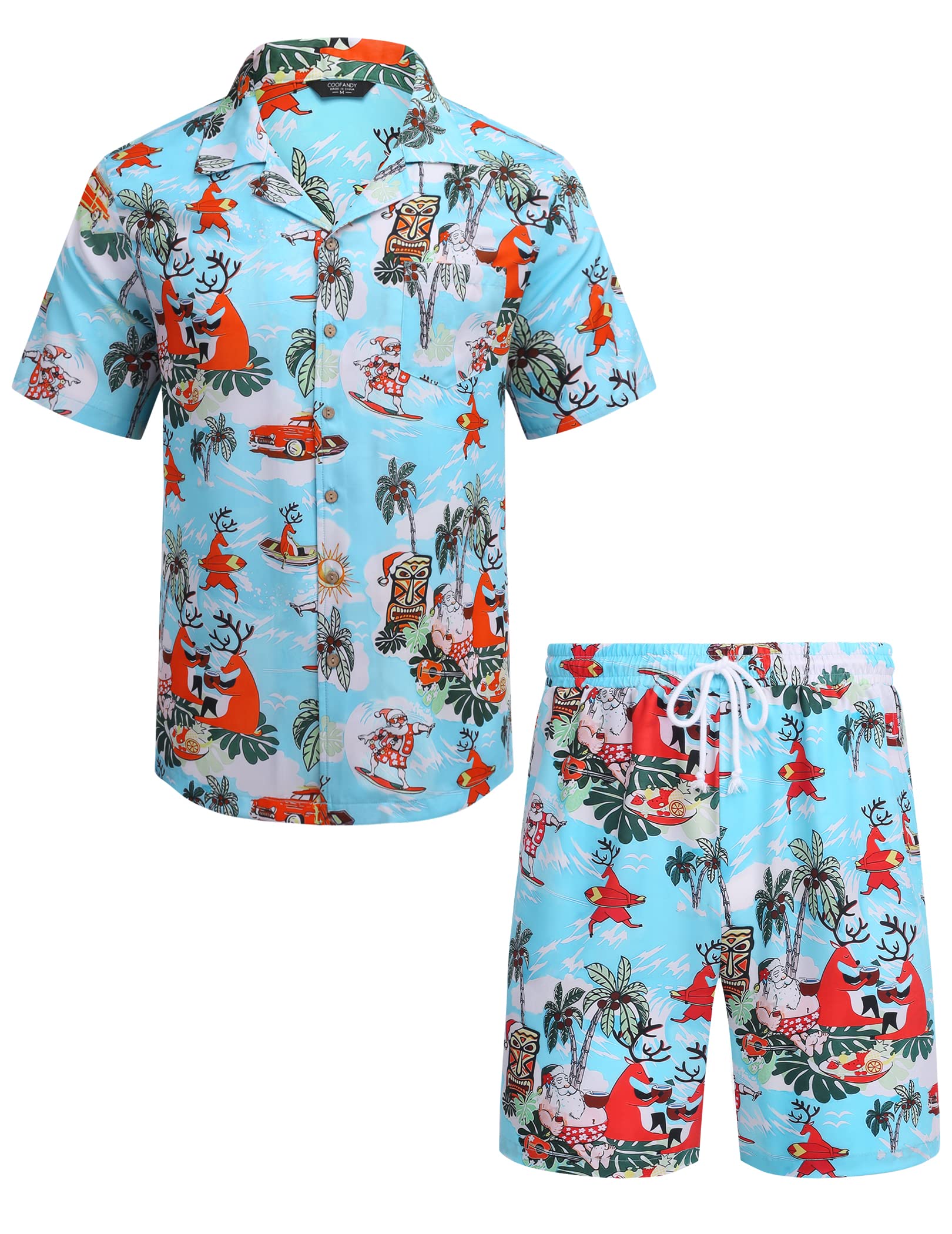 COOFANDY Christmas Sets For Men Short Sleeve Button Down Santa Vacation Shirts 2 Piece Outfits