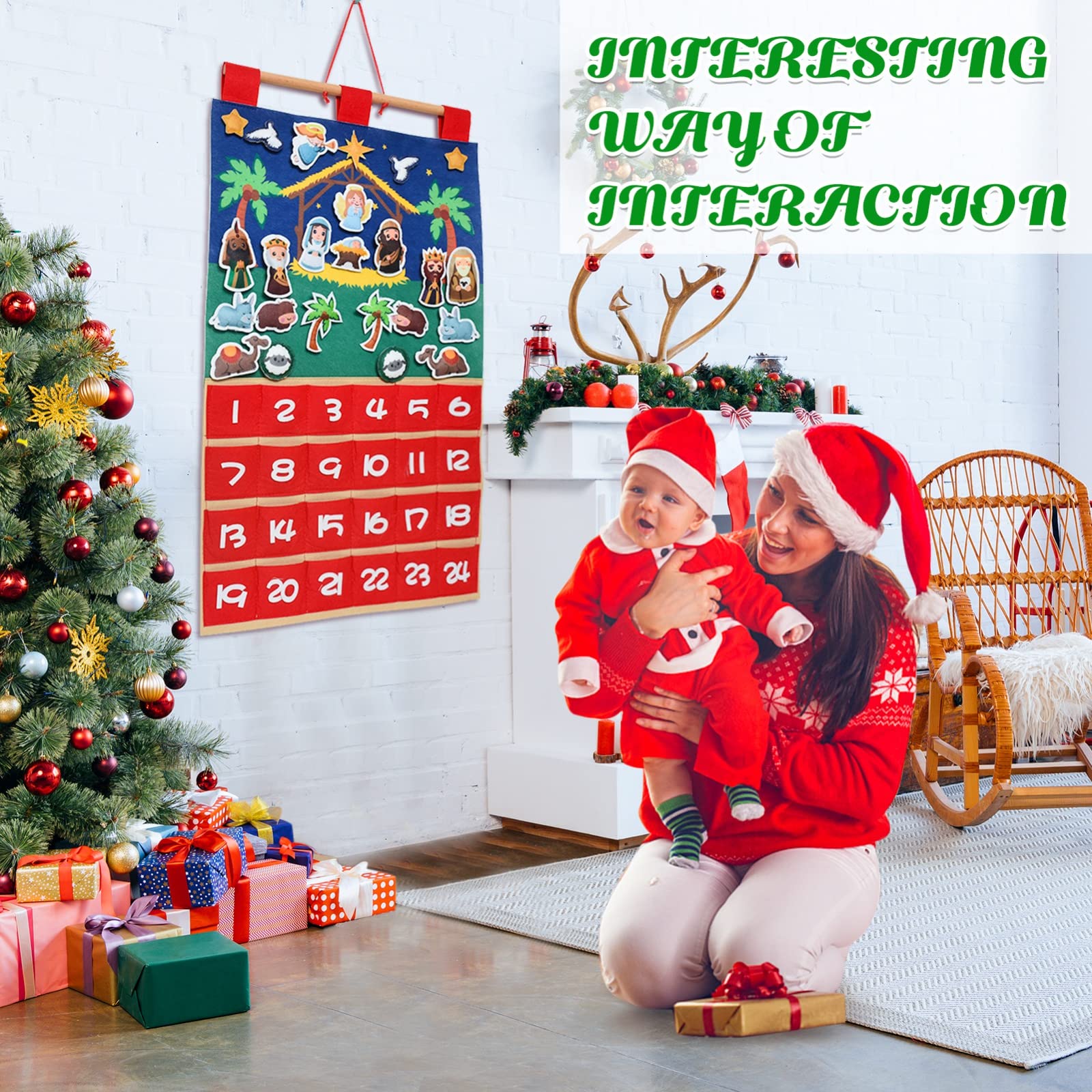 Timoo Nativity Advent Calendar 2024 Fabric Christmas Countdown Calendar for Kids Wall Christmas Advent Calendar with Pockets and 24 Unique Stuffed Figures