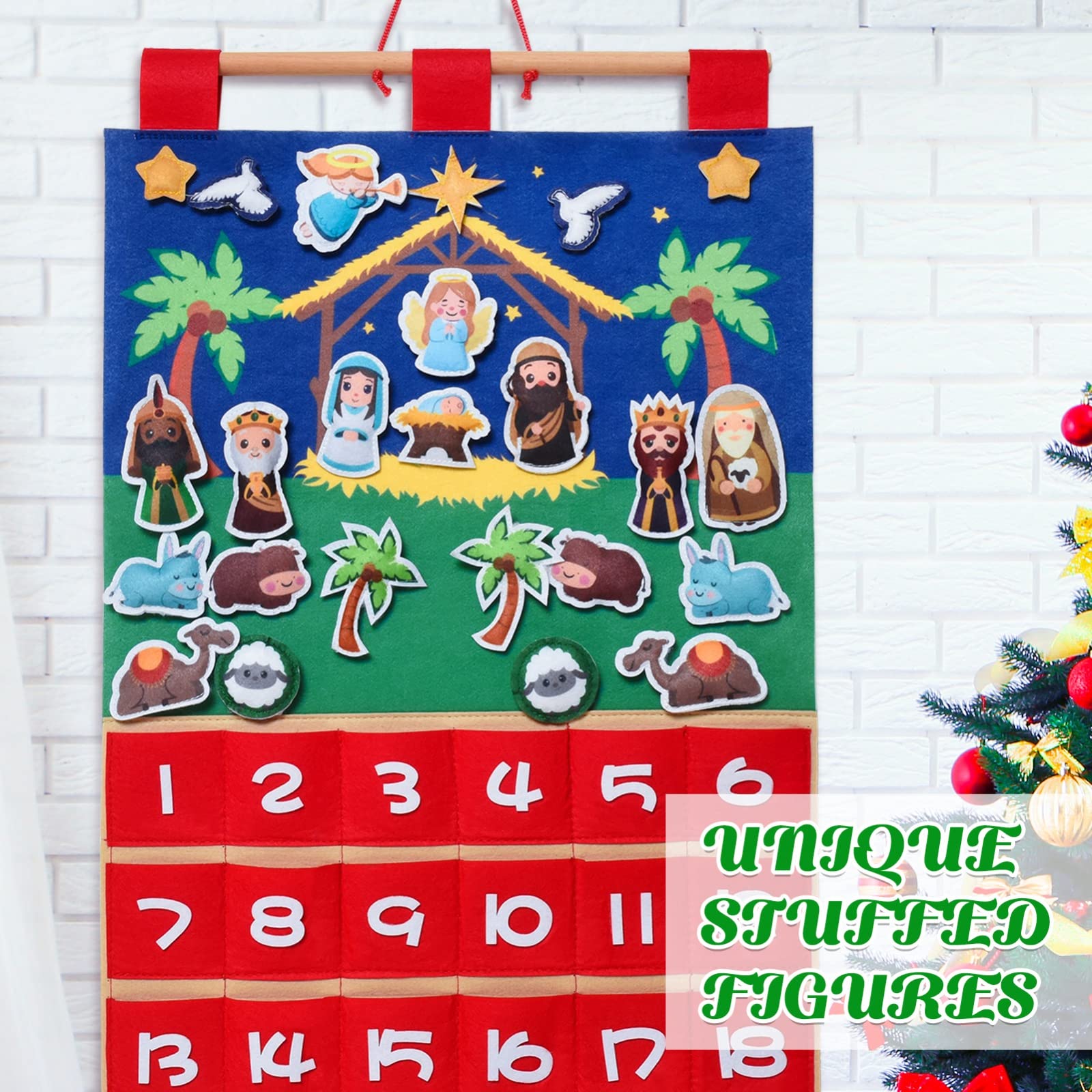 Timoo Nativity Advent Calendar 2024 Fabric Christmas Countdown Calendar for Kids Wall Christmas Advent Calendar with Pockets and 24 Unique Stuffed Figures