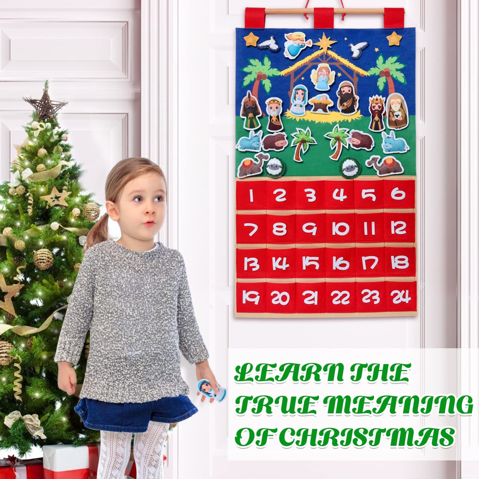 Timoo Nativity Advent Calendar 2024 Fabric Christmas Countdown Calendar for Kids Wall Christmas Advent Calendar with Pockets and 24 Unique Stuffed Figures
