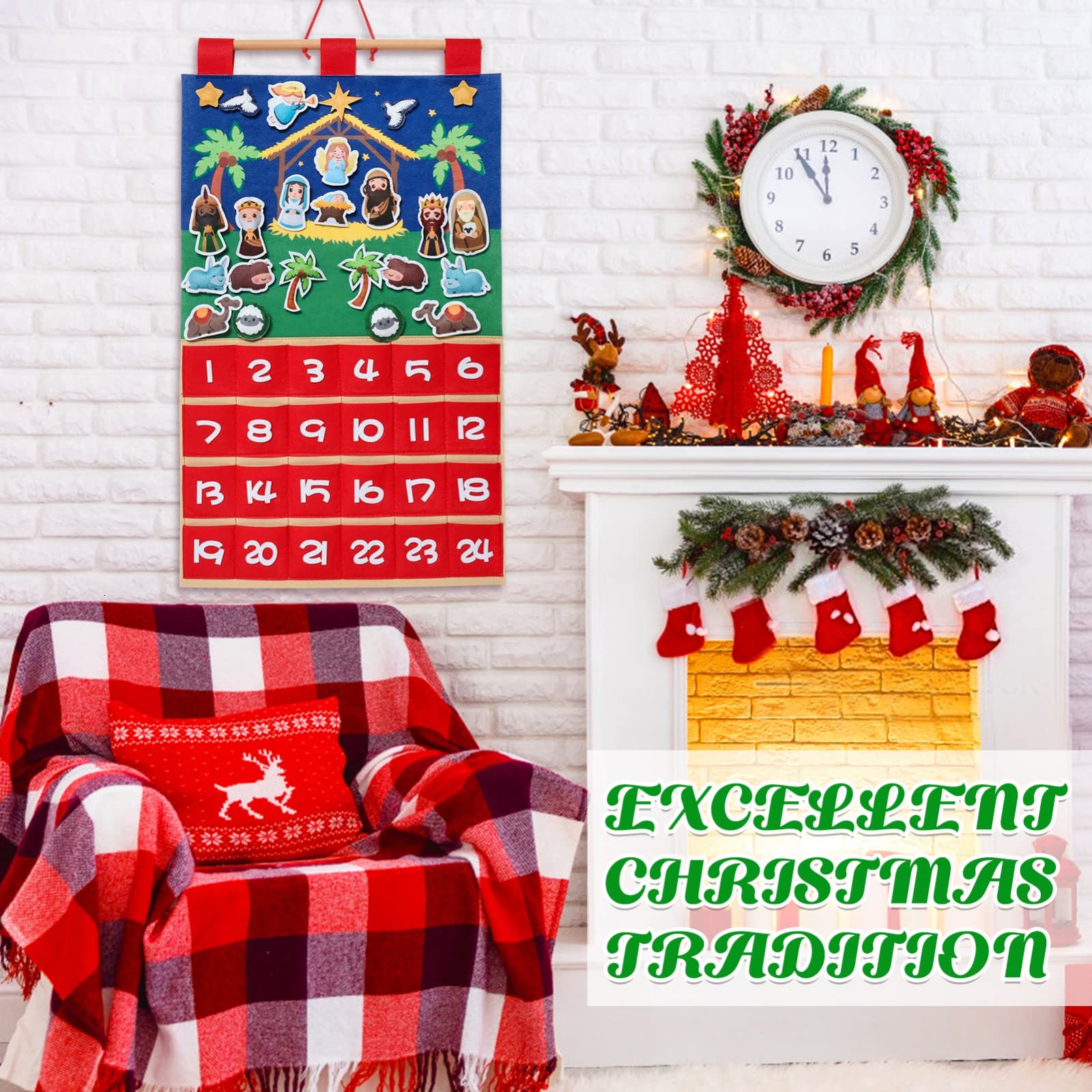 Timoo Nativity Advent Calendar 2024 Fabric Christmas Countdown Calendar for Kids Wall Christmas Advent Calendar with Pockets and 24 Unique Stuffed Figures