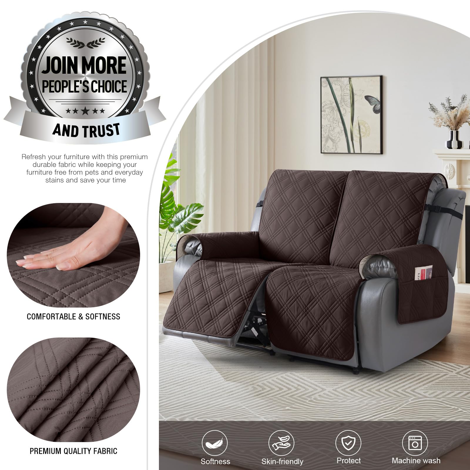 TAOCOCO 100% Waterproof Loveseat Recliner Cover, Non Slip Split Loveseat Covers for Reclining Loveseat with Elastic Straps, Washable Recliner Chair/Furniture Protector for Pets(2 Seater, Chocolate)
