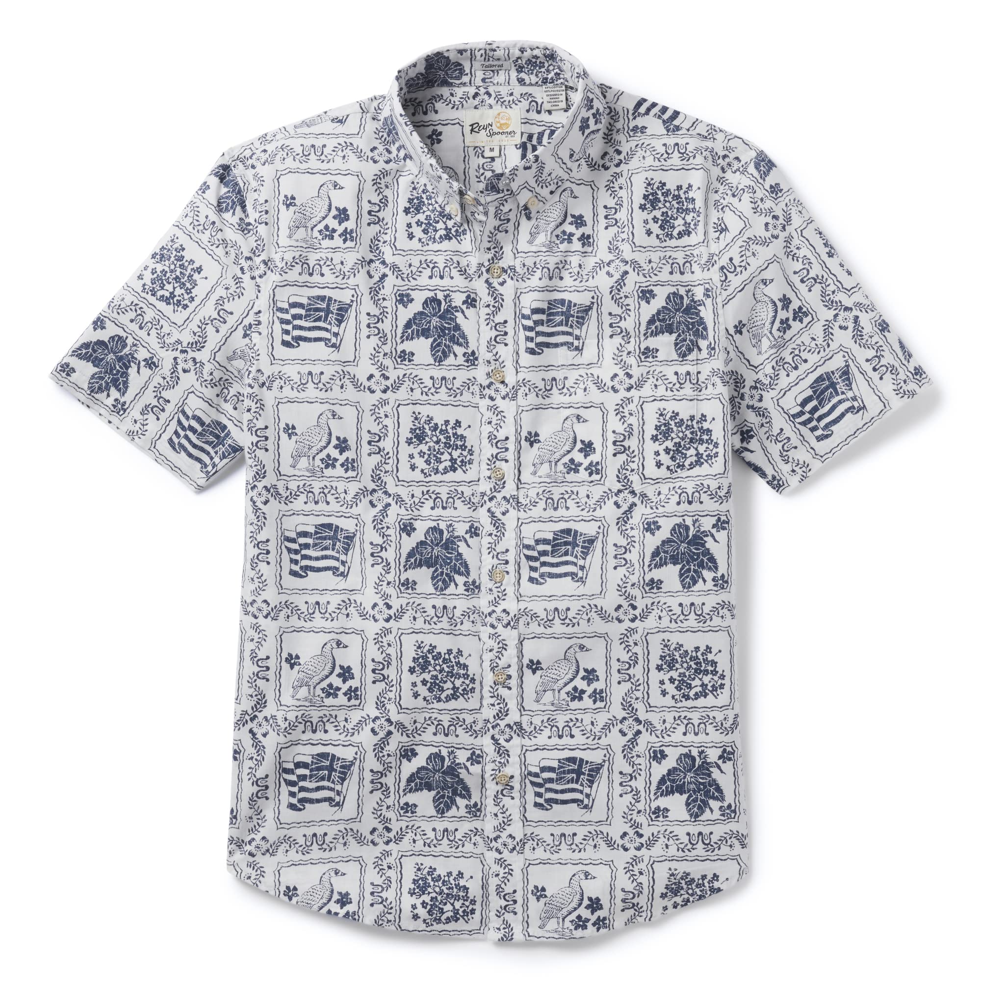 Reyn Spooner Men's Lahaina Sailor Tailored Button Front Hawaiian Aloha Shirt, White, XL
