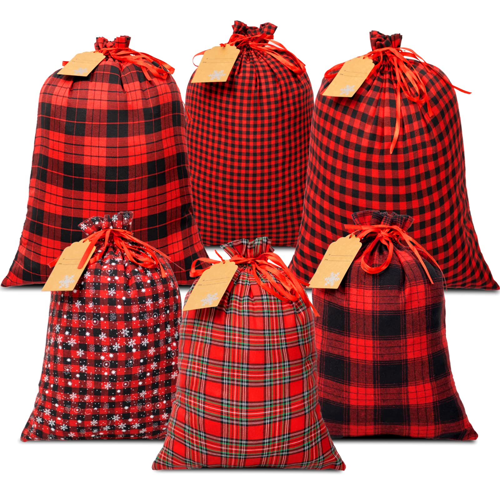 Fabric Christmas Gift Bags with Drawstring - 6 Pack Cloth Buffalo Plaid Bag with Kraft Gift Tags for Christmas Holiday Present Gift Wrapping