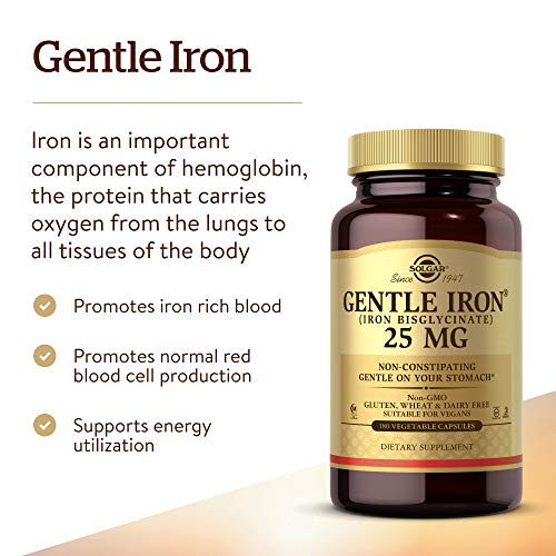 Solgar - Gentle Iron 25 mg Vegetable Capsules 180 Count 2 Pack Easy on Stomach, Promote Red Blood Cell Production.