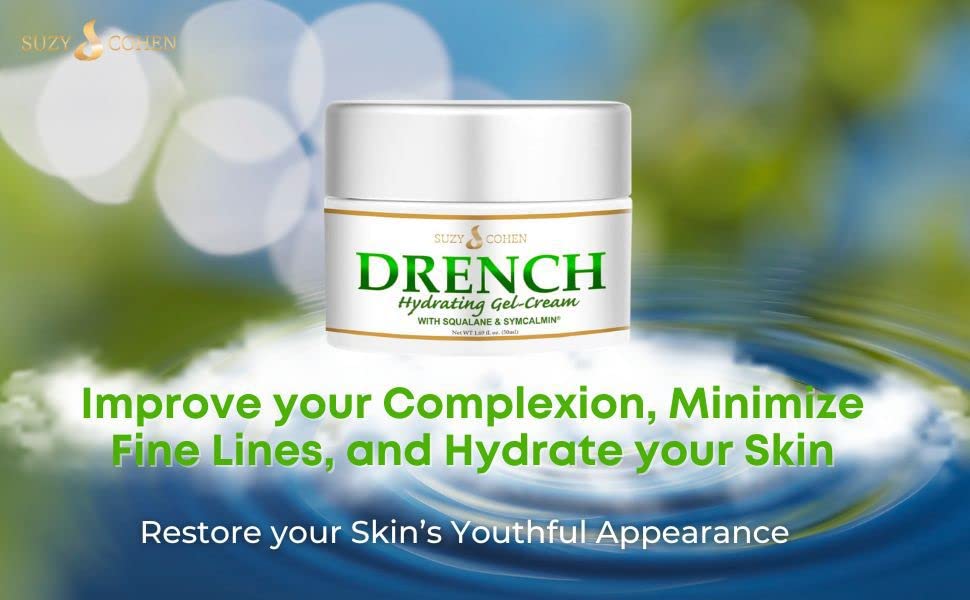 Suzy Cohen Drench Hydrogel Face Moisturizer for Women and Men. Soothes dry, itchy, dull skin and softens fine lines. Anti-aging face cream for dry skin with squalane, aloe, aspen extract & Sym-Calmin.