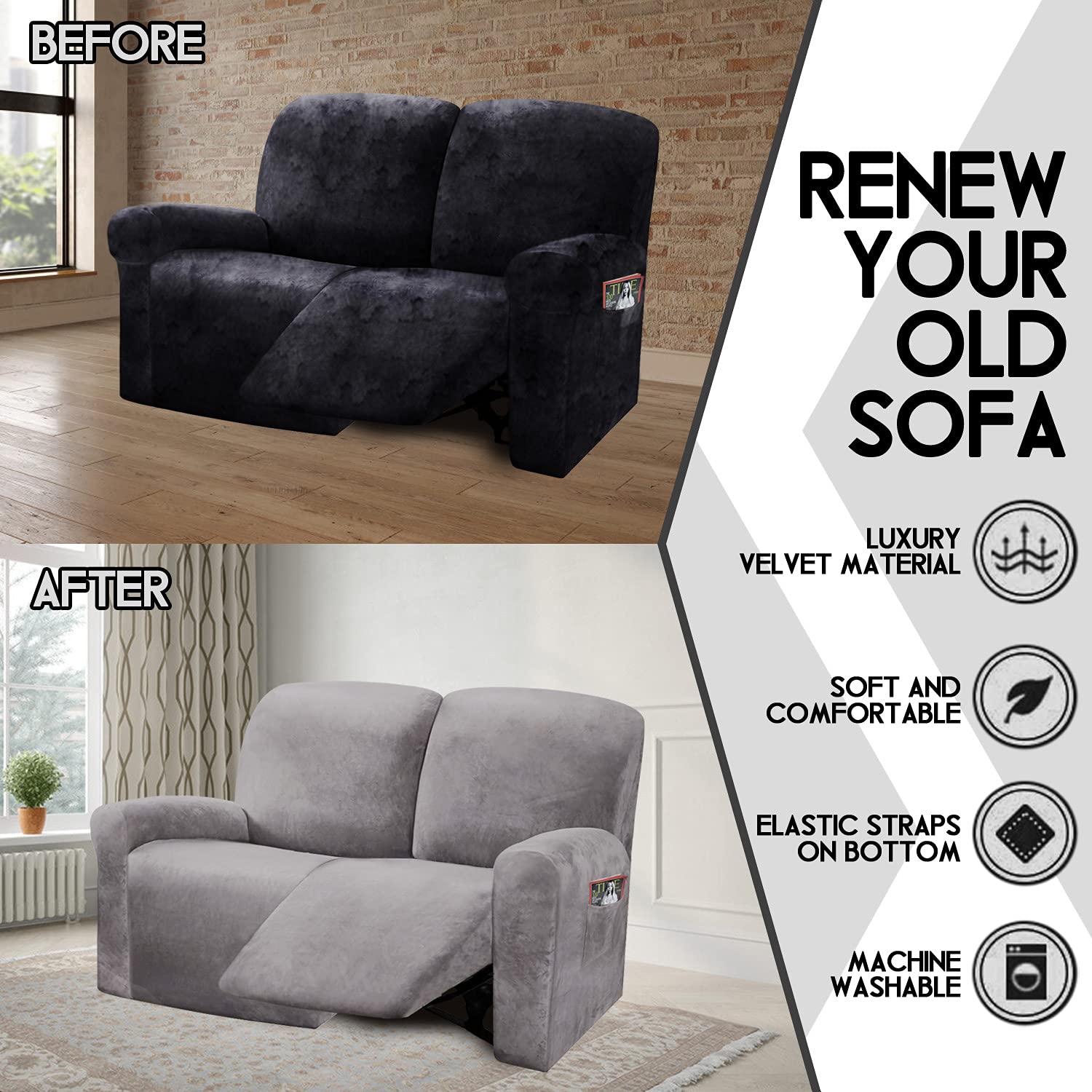ULTICOR Reclining Love Seat Slipcover, 48" - 65" L, 6-Piece Velvet Stretch Loveseat Reclining Sofa Covers, 2 seat Love seat Recliner Cover, Thick, Soft, Washable (Light Grey)