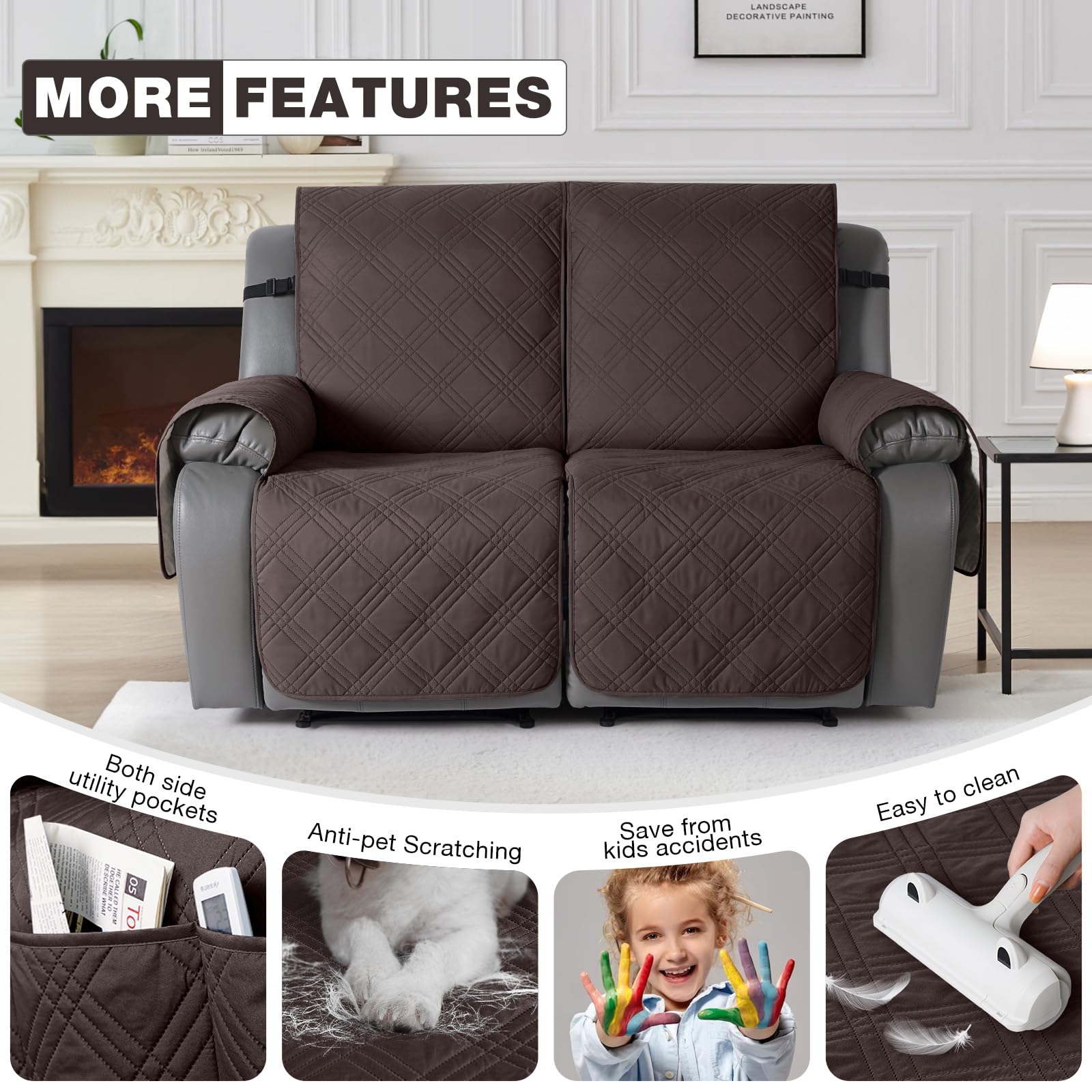 TAOCOCO 100% Waterproof Loveseat Recliner Cover, Non Slip Split Loveseat Covers for Reclining Loveseat with Elastic Straps, Washable Recliner Chair/Furniture Protector for Pets(2 Seater, Chocolate)