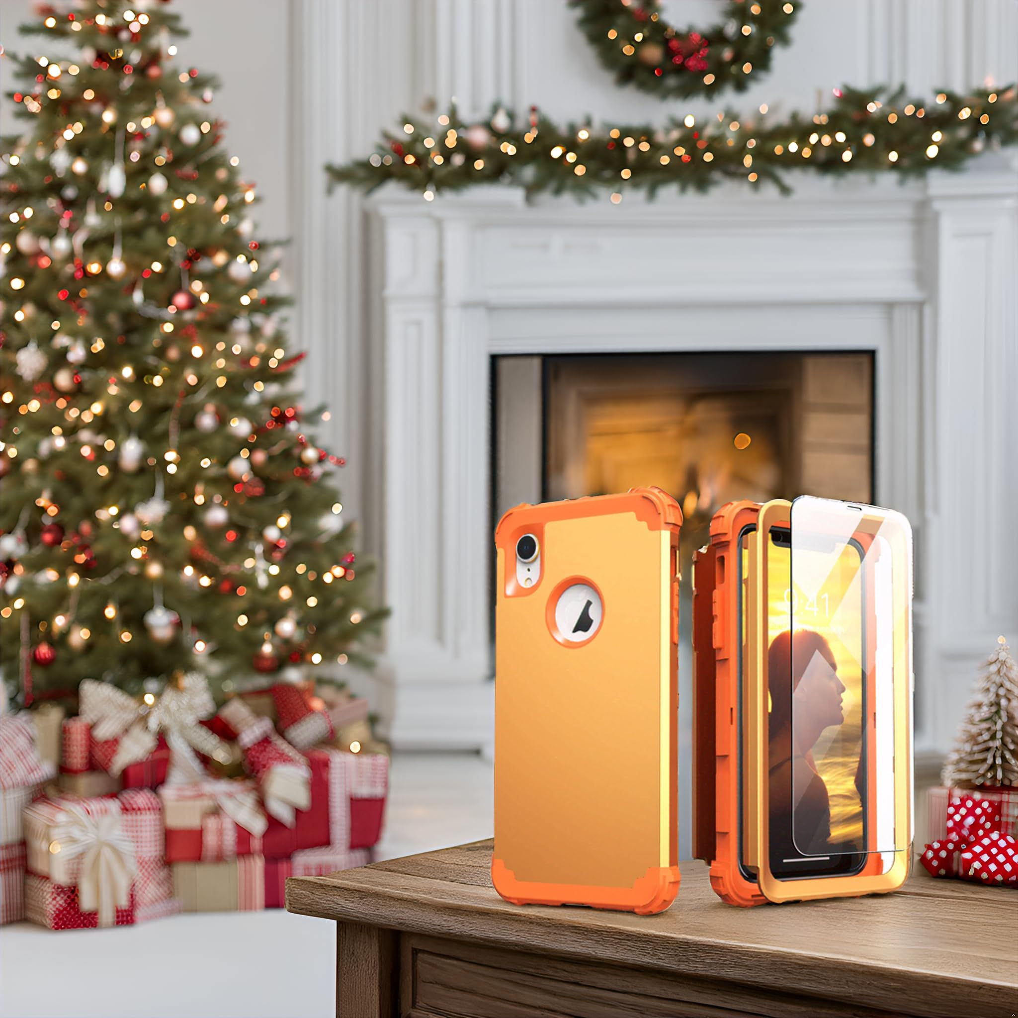 IDweel for iPhone XR Case, Case for iPhone XR Case with Screen Protector,3 in 1 Shockproof Slim Fit Hybrid Heavy Duty Hard PC Cover Soft Silicone Bumper Full Body Case,Sundial Yellow/Orange
