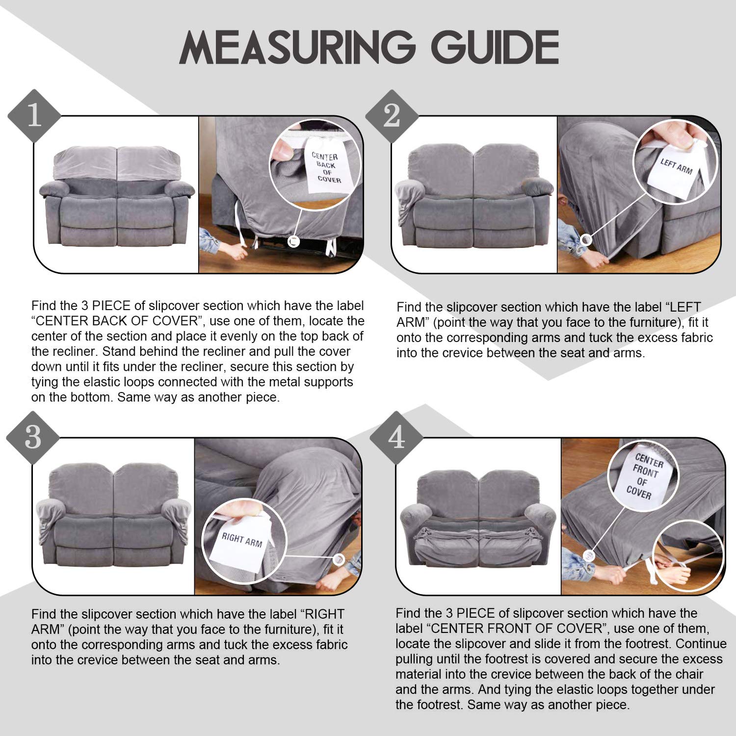 ULTICOR Reclining Love Seat Slipcover, 48" - 65" L, 6-Piece Velvet Stretch Loveseat Reclining Sofa Covers, 2 seat Love seat Recliner Cover, Thick, Soft, Washable (Light Grey)