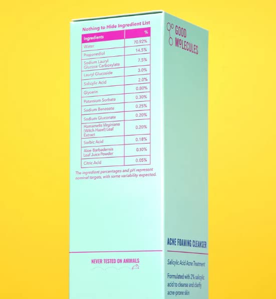 wfi Good Molecules Salicylic Acid Acne Foaming Cleanser 5 Oz. Exfoliates and Removes Surface Oil, Impurities, and Buildup.
