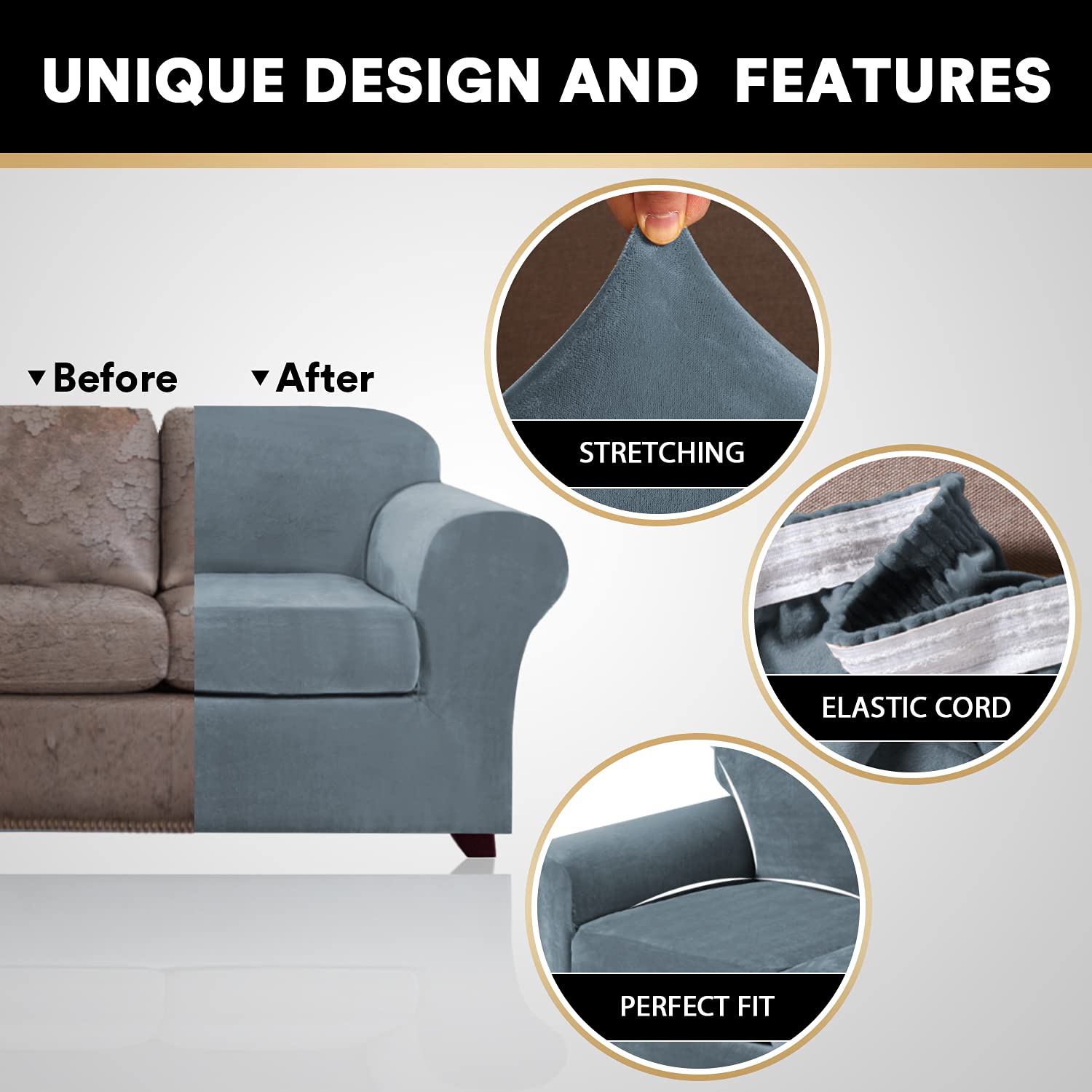 PrinceDeco 3 Pieces Couch Covers Soft Velvet Couch Covers for 2 Cushion Sofa Loveseat Covers Width Up to 72 Inch Anti Slip Love Seat Furniture Protector, Machine Washable(Medium, Stone Blue)
