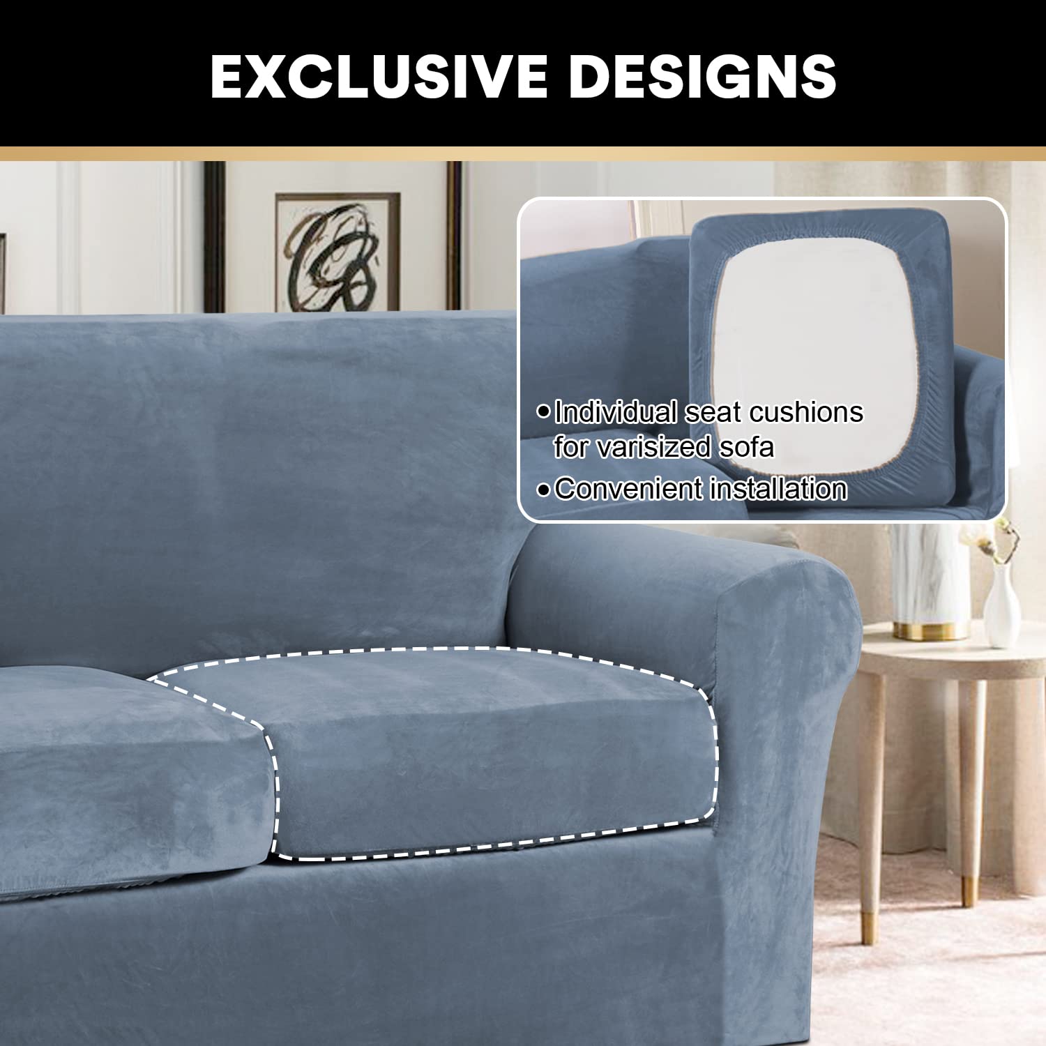 PrinceDeco 3 Pieces Couch Covers Soft Velvet Couch Covers for 2 Cushion Sofa Loveseat Covers Width Up to 72 Inch Anti Slip Love Seat Furniture Protector, Machine Washable(Medium, Stone Blue)
