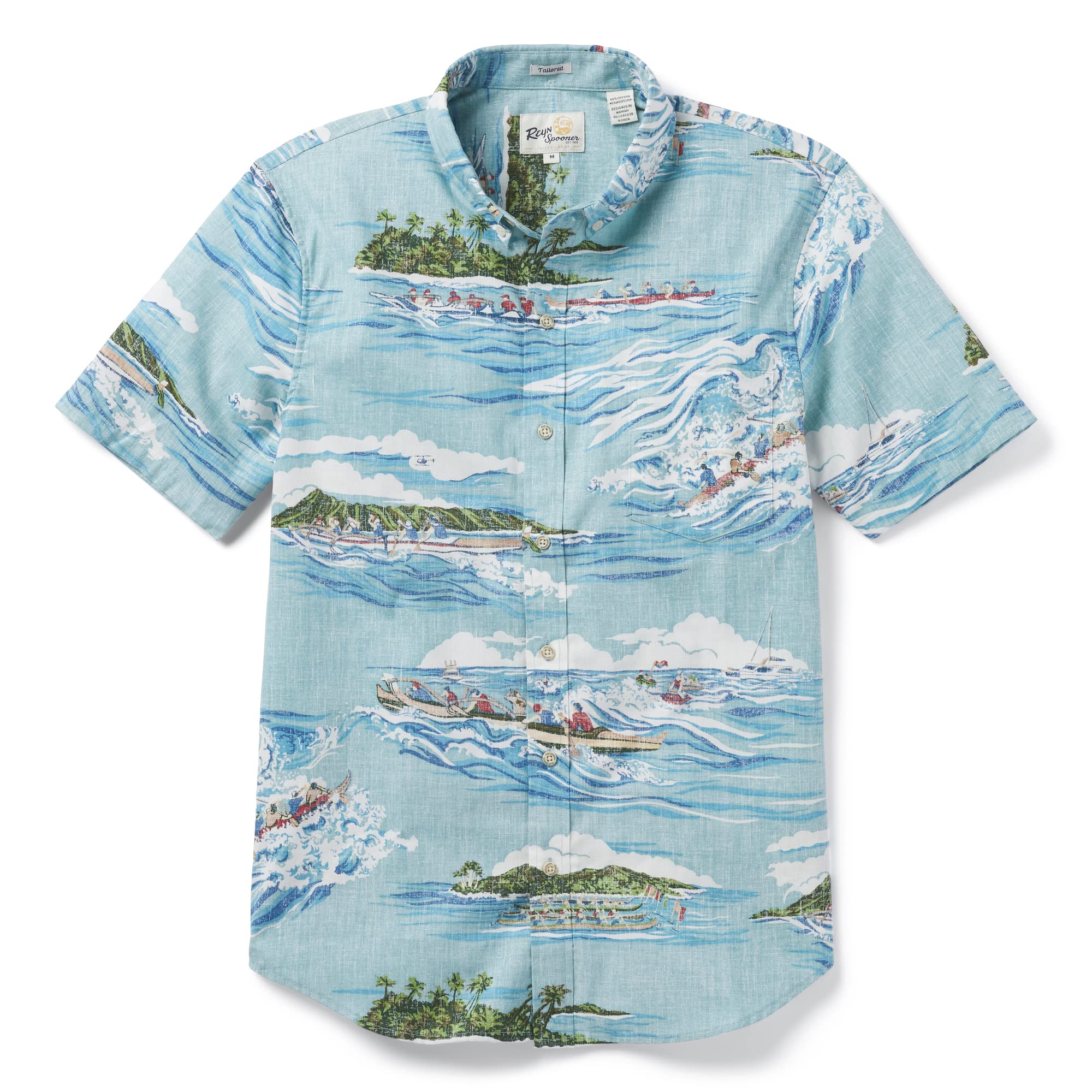 Reyn Spooner Men's Heihei Wa'a Tailored Button Front Oceanic Hawaiian Aloha Shirt, Turq Sea, XL