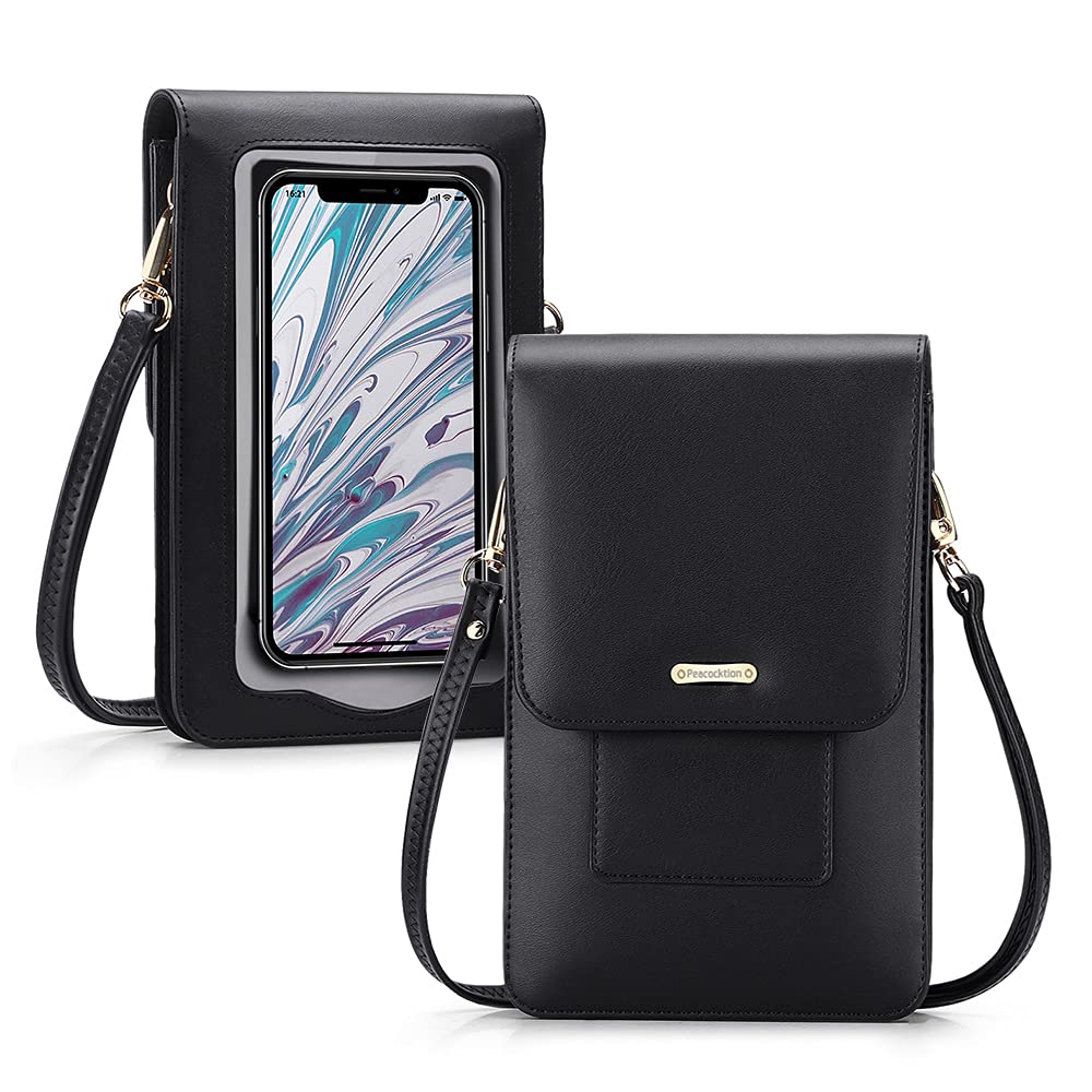 Peacocktion Small Crossbody Cell Phone Purse for Women, Clear Window Touch Screen Wallet Shoulder Bag (Black)
