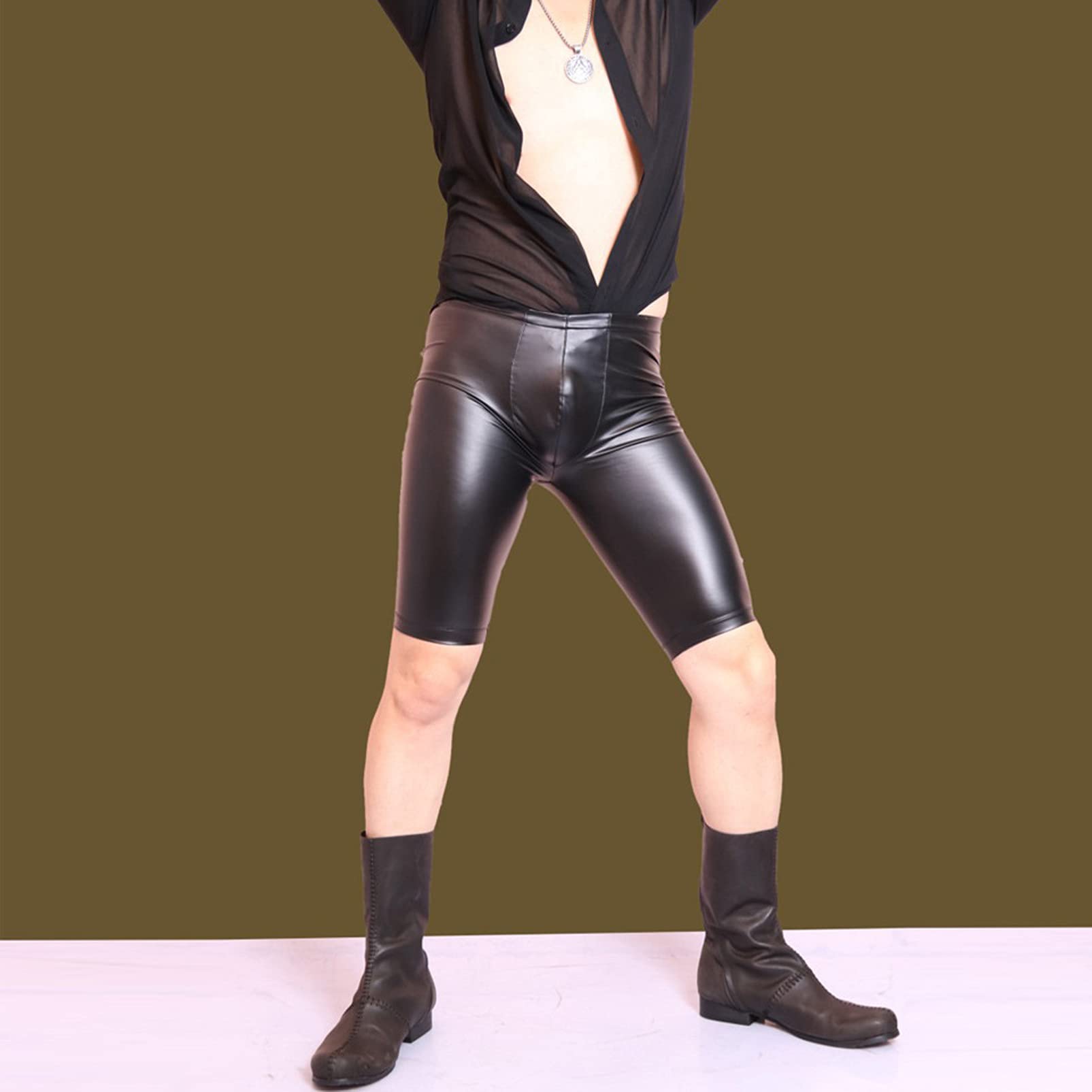 leesuo Men's Sexy Synthetic Latex Oil Shiny Faux PU Leather Pants Shorts Black