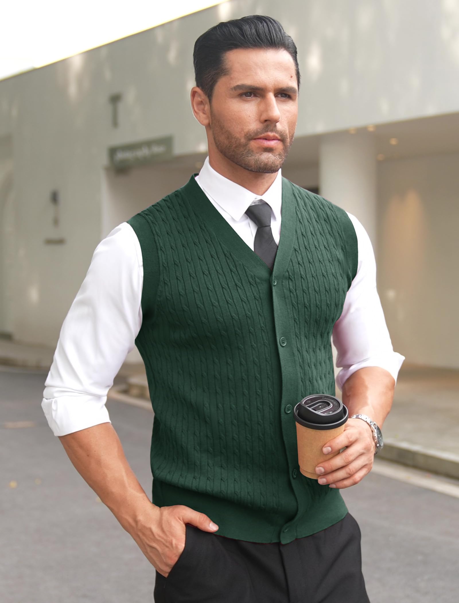 COOFANDY Men's Sleeveless Sweater Vest V-Neck Casual Cable Knit Button Down Cardigan Vest Green