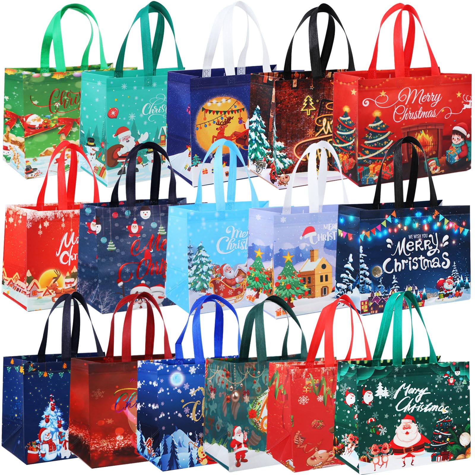 16PCS Christmas Gift Bags,Reusable Gift Bags with Handles, Fabric Christmas Tote Bags, Multifunctional Christmas Bags for Gifts Wrapping Shopping, Xmas Party Supplies Decorations, 12.6”×9.9”×6.7"