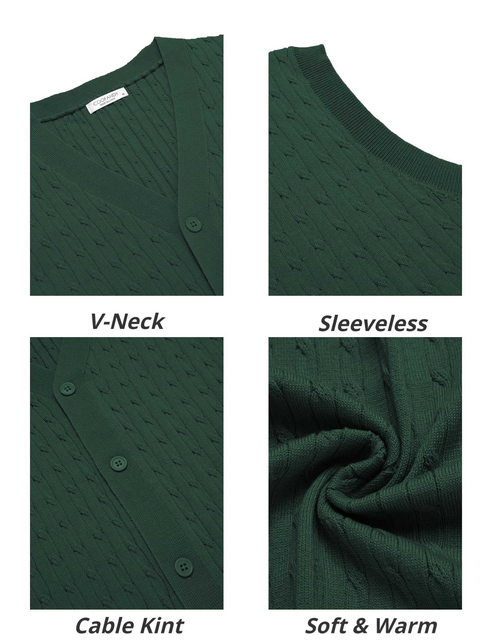 COOFANDY Men's Sleeveless Sweater Vest V-Neck Casual Cable Knit Button Down Cardigan Vest Green