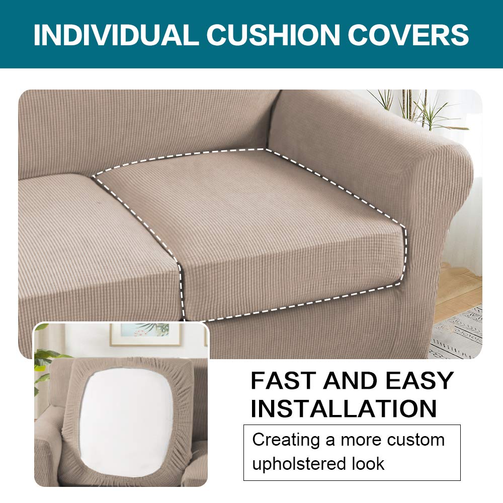 Turquoize 3 Piece Sofa Covers for 2 Cushion Couch Sofa Slipcover Soft Couch Cover for Dogs-Washable Sofa Furniture Covers with 2 Individual Cushion Covers, Thick Jacquard Fabric (Loveseat, Sand)