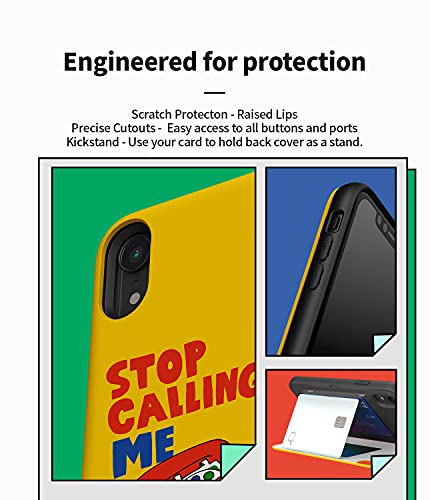 GOOSPERY for iPhone XR Wallet Case with Card Holder, Protective Dual Layer Bumper Phone Case (Noyisin Character Design-Stop Calling Me) - Yellow