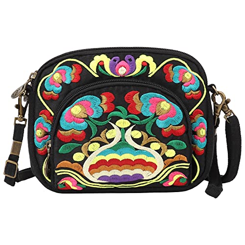 SILKAREA Embroidered 3 zip Small Crossbody Bag Cell Phone Purse Shoulder Wallet Handbags Wristlet Clutch Bag for Women (Yellow)
