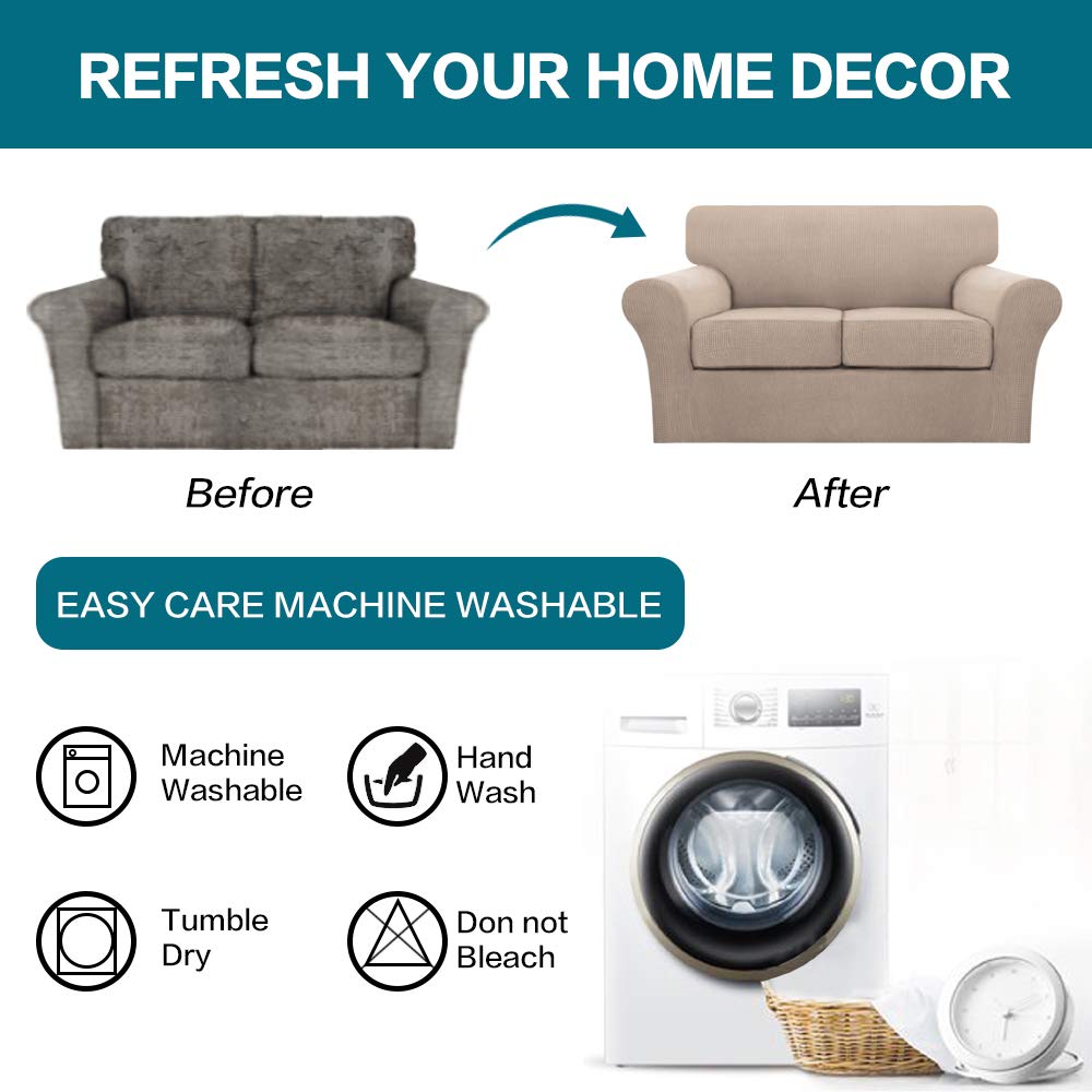 Turquoize 3 Piece Sofa Covers for 2 Cushion Couch Sofa Slipcover Soft Couch Cover for Dogs-Washable Sofa Furniture Covers with 2 Individual Cushion Covers, Thick Jacquard Fabric (Loveseat, Sand)