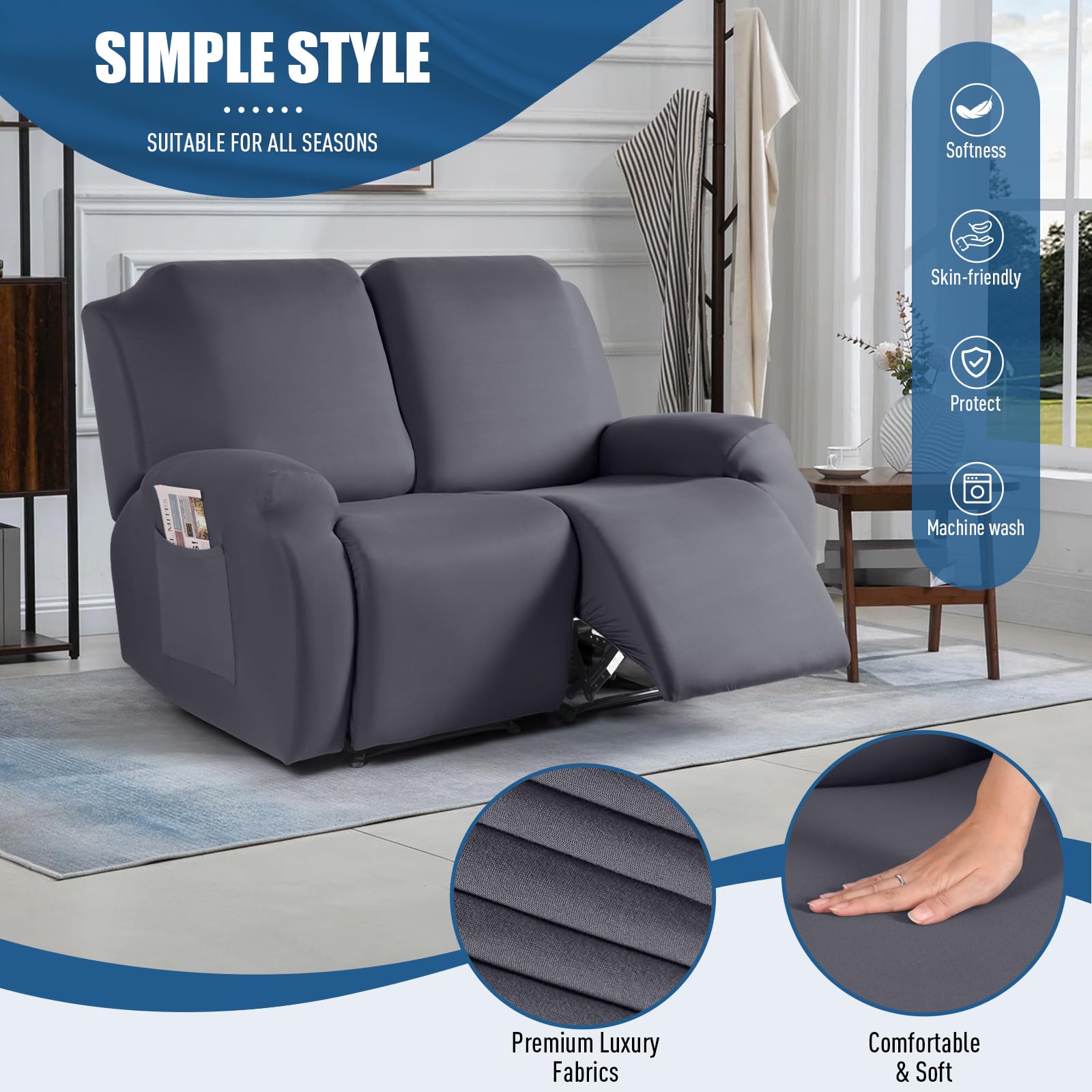 TAOCOCO Recliner Loveseat Slipcover, 2 Pieces Polyester Fabric Stretch Sofa Covers for 2 Seat Reclining Couch, Soft Washable Furniture Protector with Pockets (2 Seat, Dark Gray)