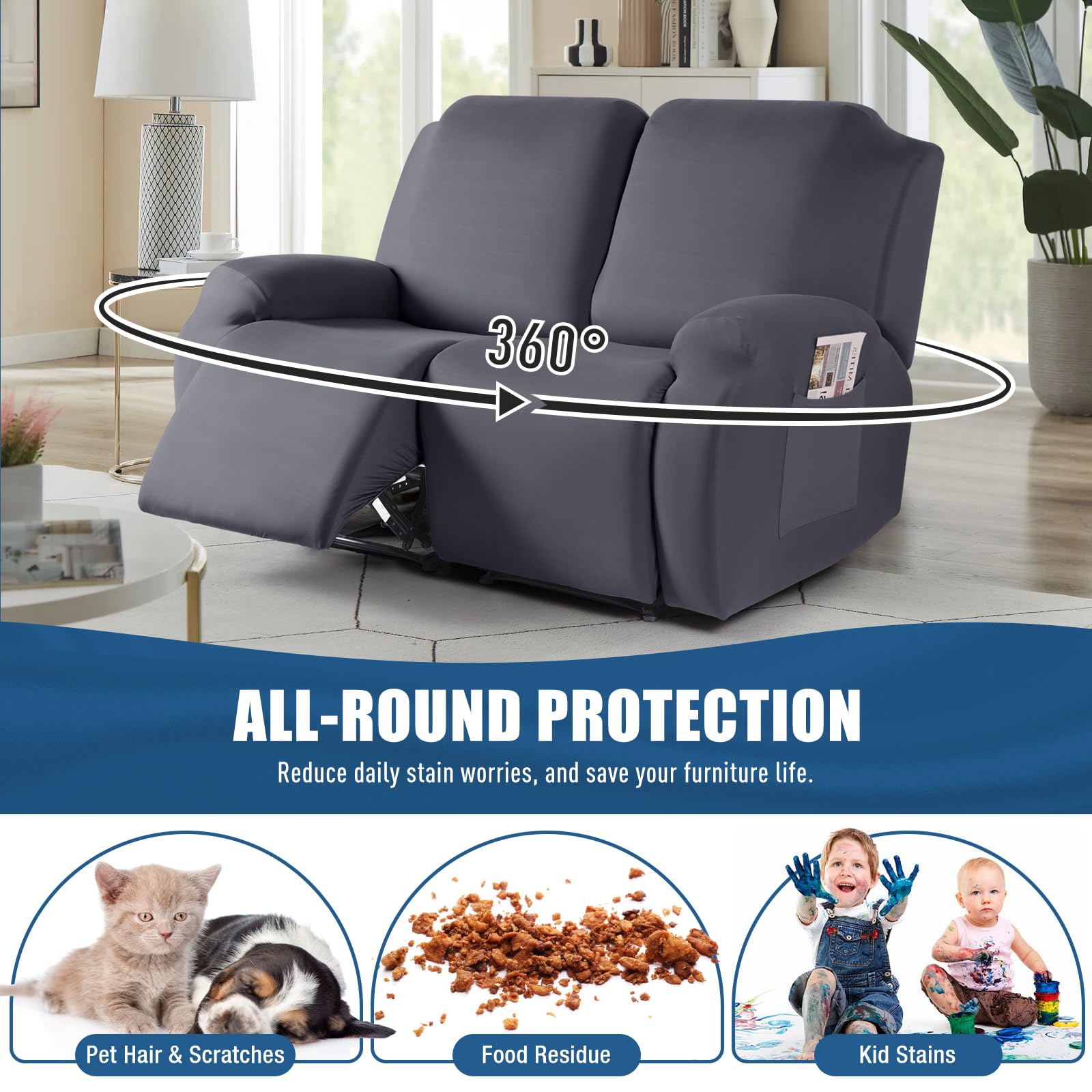 TAOCOCO Recliner Loveseat Slipcover, 2 Pieces Polyester Fabric Stretch Sofa Covers for 2 Seat Reclining Couch, Soft Washable Furniture Protector with Pockets (2 Seat, Dark Gray)