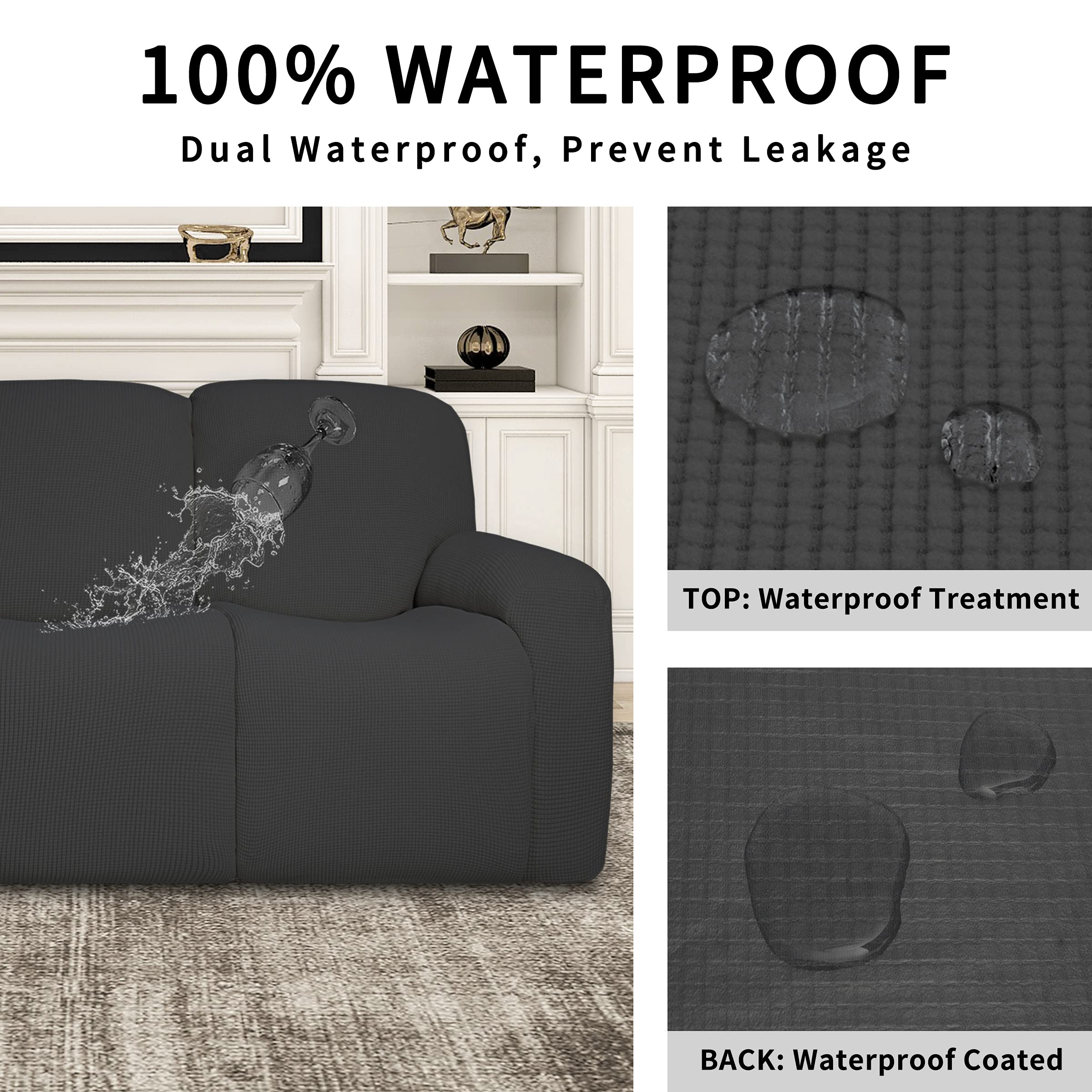 Easy-Going 100% Dual Waterproof Recliner Loveseat Cover, 6-Pieces Stretch Relining Sofa Cover with Pocket, Jacquard 2 Seat Sofa Slipcover Leakproof Washable (Loveseat, Dark Gray)