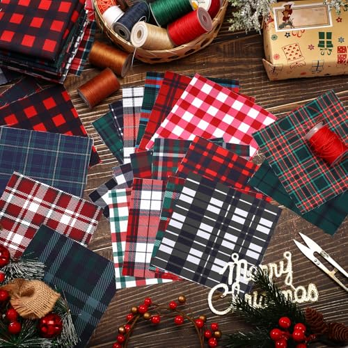 Preboun 300 Pcs 5 x 5 Inches Christmas Plaid Buffalo Check Fabric 25 Styles Buffalo Plaid Fabric Squares Polyester Fabric Scraps Quilting Squares for DIY Christmas Sewing Quilting Patchwork