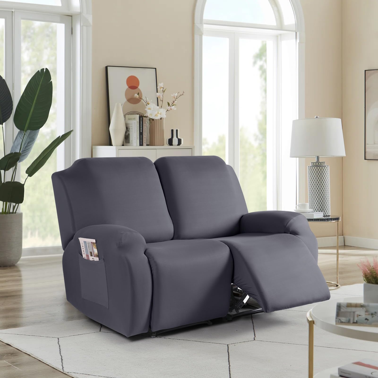 TAOCOCO Recliner Loveseat Slipcover, 2 Pieces Polyester Fabric Stretch Sofa Covers for 2 Seat Reclining Couch, Soft Washable Furniture Protector with Pockets (2 Seat, Dark Gray)