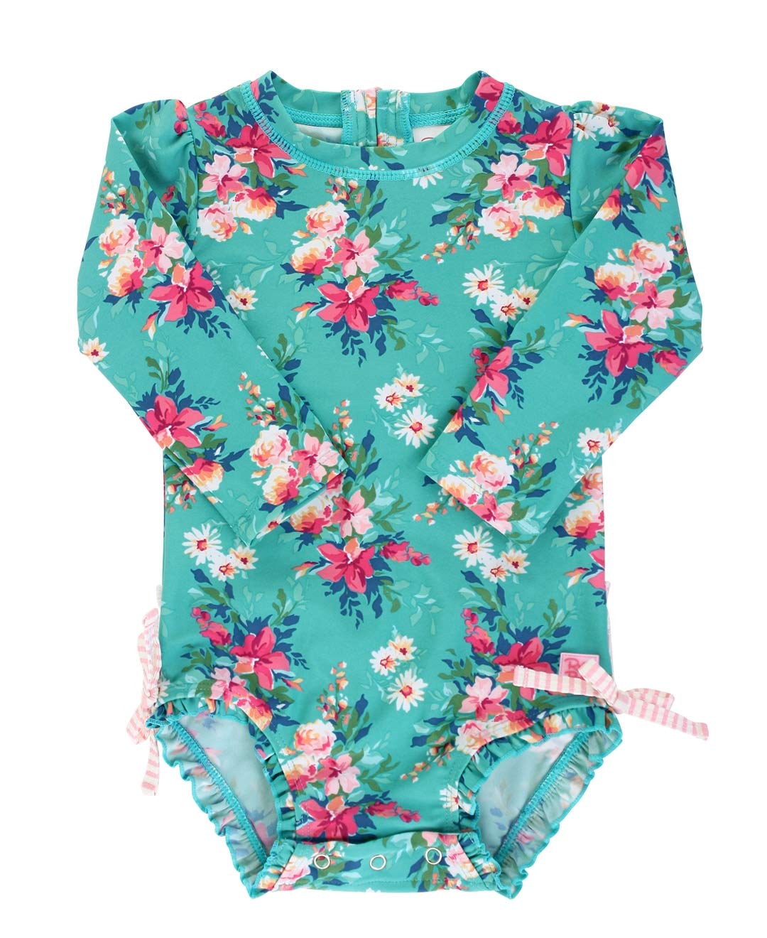 RuffleButts Baby Girls UPF 50+ Sun Protection Floral Printed Long Sleeve One Piece Rash Guard Swimsuit with Zipper - Fancy Me Floral, 2T