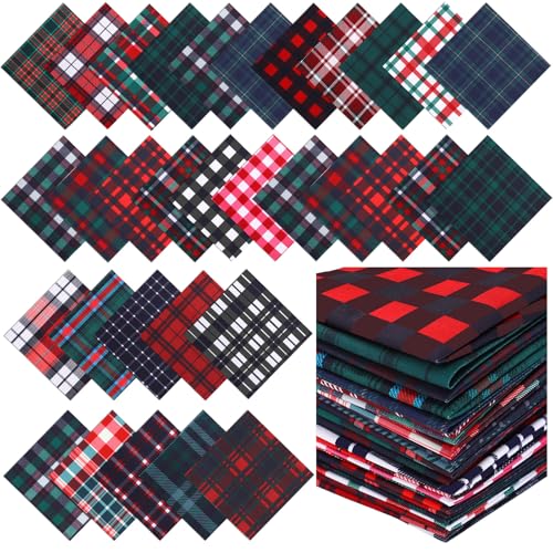 Preboun 300 Pcs 5 x 5 Inches Christmas Plaid Buffalo Check Fabric 25 Styles Buffalo Plaid Fabric Squares Polyester Fabric Scraps Quilting Squares for DIY Christmas Sewing Quilting Patchwork