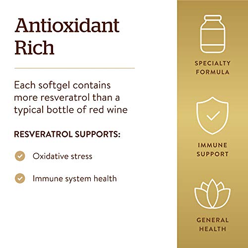 Solgar Resveratrol with Red Wine Extract, 250 mg, 60 Softgels - Antioxidant Protection - Immune Support - Red Wine Polyphenol - Non-GMO, Gluten Free, Dairy Free - 60 Servings