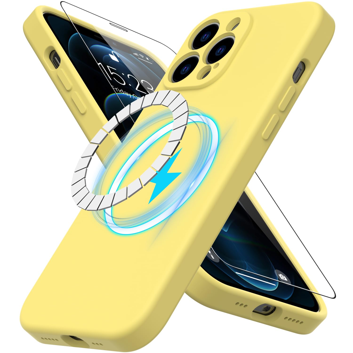 DEENAKIN Magnetic for iPhone 12 Pro Case Silicone with Screen Protector - [Compatible with MagSafe] - Camera Protection - Slim Fit Protective Phone Cover 6.1" for Women Girls - Yellow