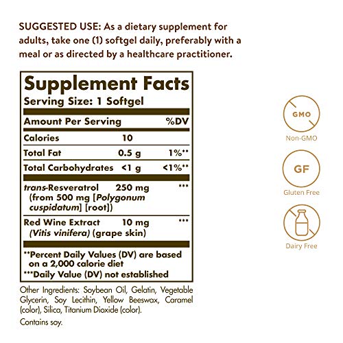 Solgar Resveratrol with Red Wine Extract, 250 mg, 60 Softgels - Antioxidant Protection - Immune Support - Red Wine Polyphenol - Non-GMO, Gluten Free, Dairy Free - 60 Servings