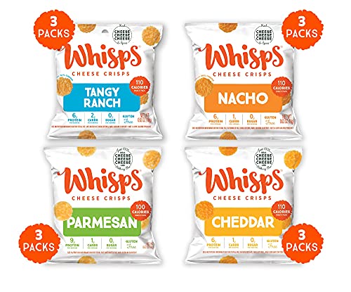 Whisps Cheese Crisps - Parmesan, Cheddar, Tangy Ranch & Nacho Cheese Snacks, Keto Snacks, 6-9g of Protein Per Bag, Low Carb, Gluten & Sugar Free, Great Tasting Healthy Snack, All Natural Cheese Crisps - Variety, .63 Oz (Pack of 12)