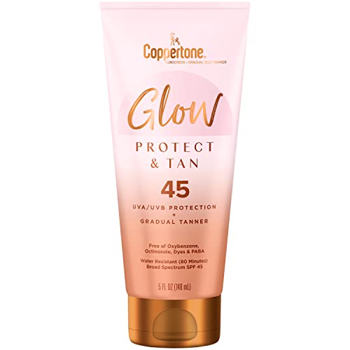 Coppertone Glow Protect and Tan Sunscreen Lotion with Gradual Self Tanner SPF 45, Water Resistant Sunscreen, SPF 45 Broad Spectrum Sunscreen SPF 45, 5 Fl Oz Tube