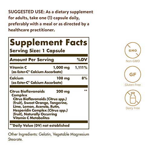Solgar EsterC Plus 1000 mg Vitamin C with Bioflavonoids Capsules Gentle Non Acidic 24Hour Immune Support Supports Upper Respiratory Health NonGMO Gluten Free Servings, Citrus, 100 Count