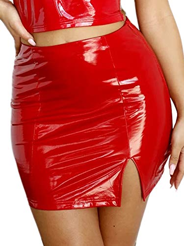 Angelegant Leather Mini Skirt Women Skirts Sexy Shiny Liquid Metallic Wet Look Latex Skirt (L, Red PVC Mini Skirt)