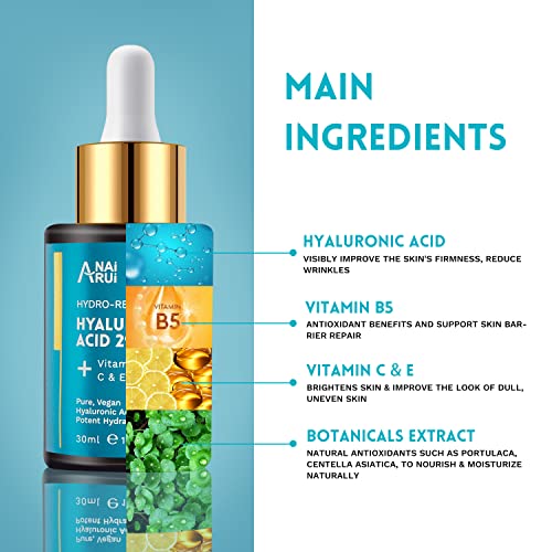 Hyaluronic Acid Serum for Skin 2% with Vitamin B5, C& E - Intense Hydration + Moisturizer, Plumps & Increase Firmness, Non-greasy, Paraben-free - 1. Fl Oz