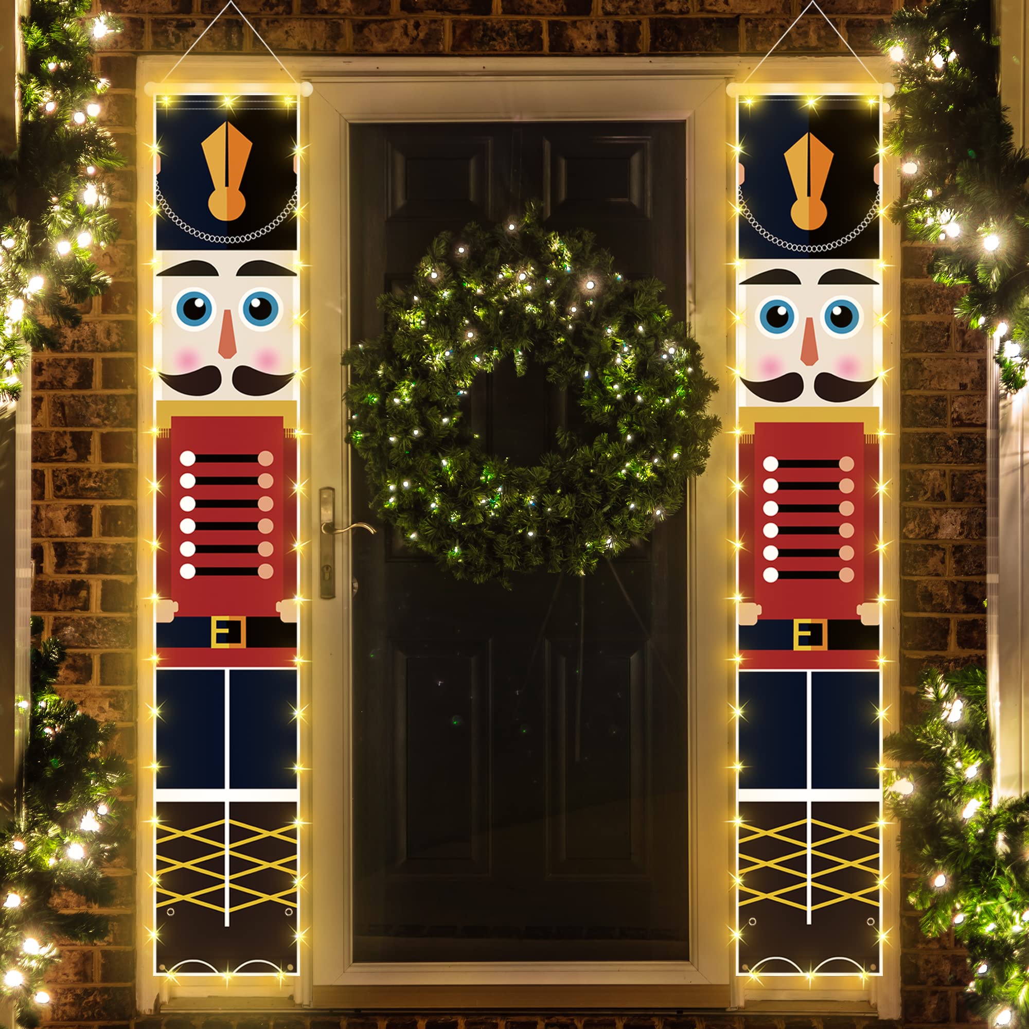 Christmas Decorations Banners with String Lights, Nutcracker Xmas Party Decor, Life Size Soldier Model Nutcracker Banners for Outdoor/Indoor Home Front Door, 600D Fabric Porch Sign