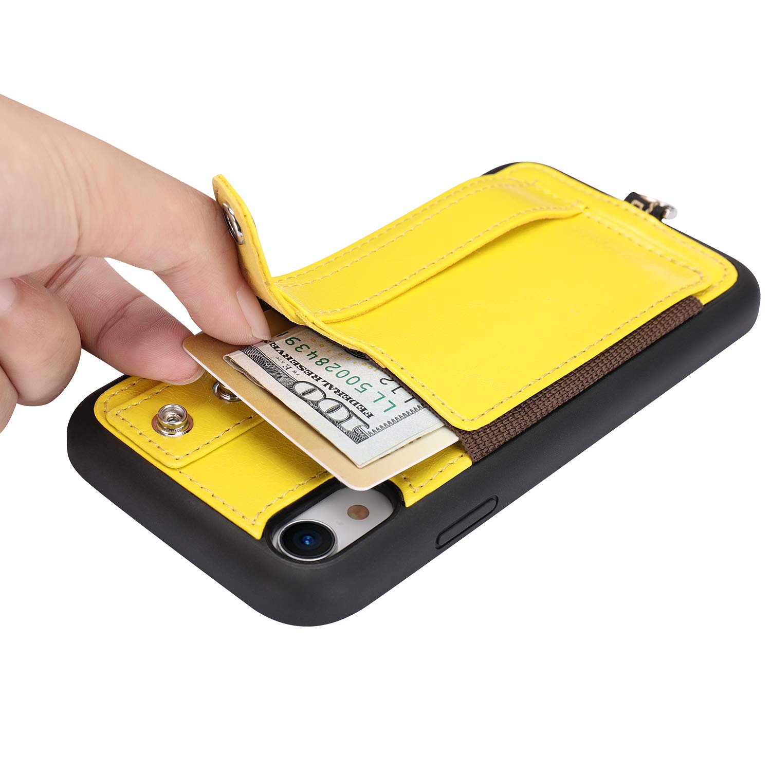 TOOVREN iPhone XR Wallet Case with Lanyard Strap Card Holder Xr iPhone Case Protective Cover with Stand Wallet Leather PU Detachable iPhone Lanyard for iPhone XR 6.1 Inch (2018) (Yellow)