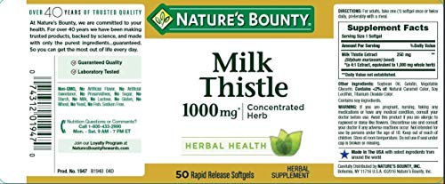 Nature's Bounty Milk Thistle, Herbal Health Supplement, Supports Liver Health, 1000 mg, 50 softgels