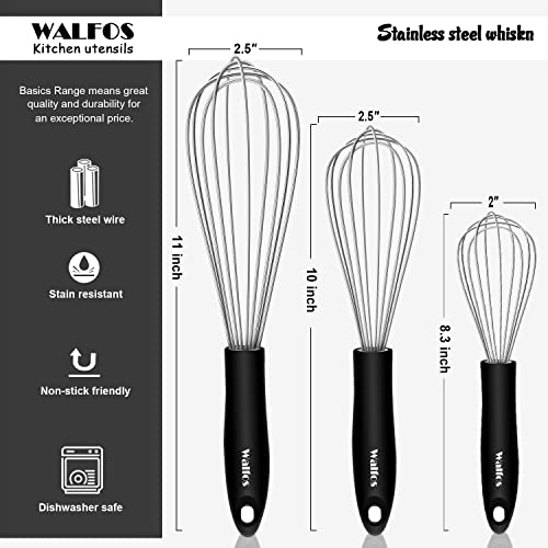 Stainless Steel Wire Whisk Set - 3 Packs Balloon Whisk, Thick Wire Wisk & Strong Handles, Egg Frother for Cooking, Blending, Whisking, Beating and Stirring (8.5"+10"+11")