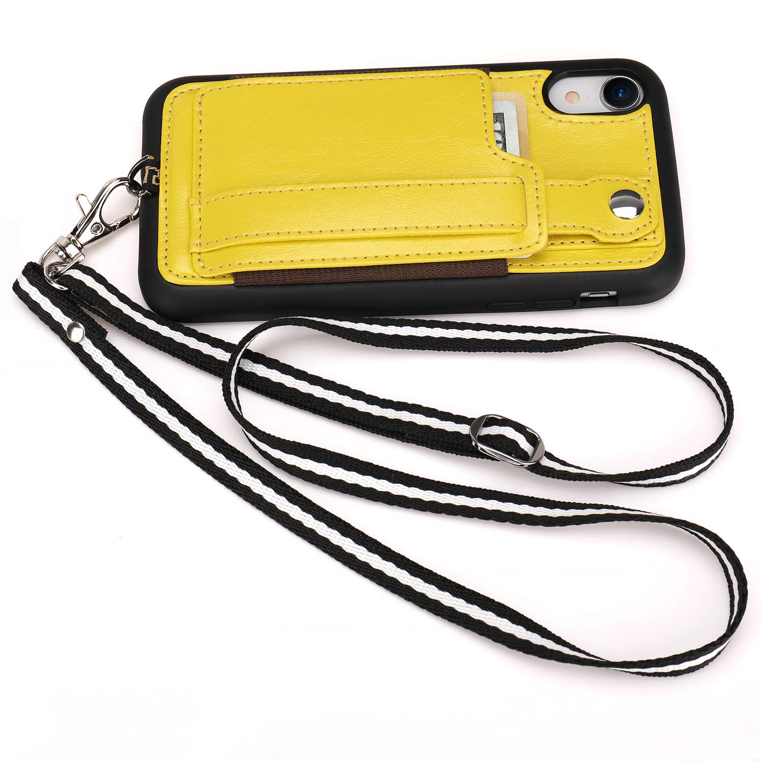 TOOVREN iPhone XR Wallet Case with Lanyard Strap Card Holder Xr iPhone Case Protective Cover with Stand Wallet Leather PU Detachable iPhone Lanyard for iPhone XR 6.1 Inch (2018) (Yellow)