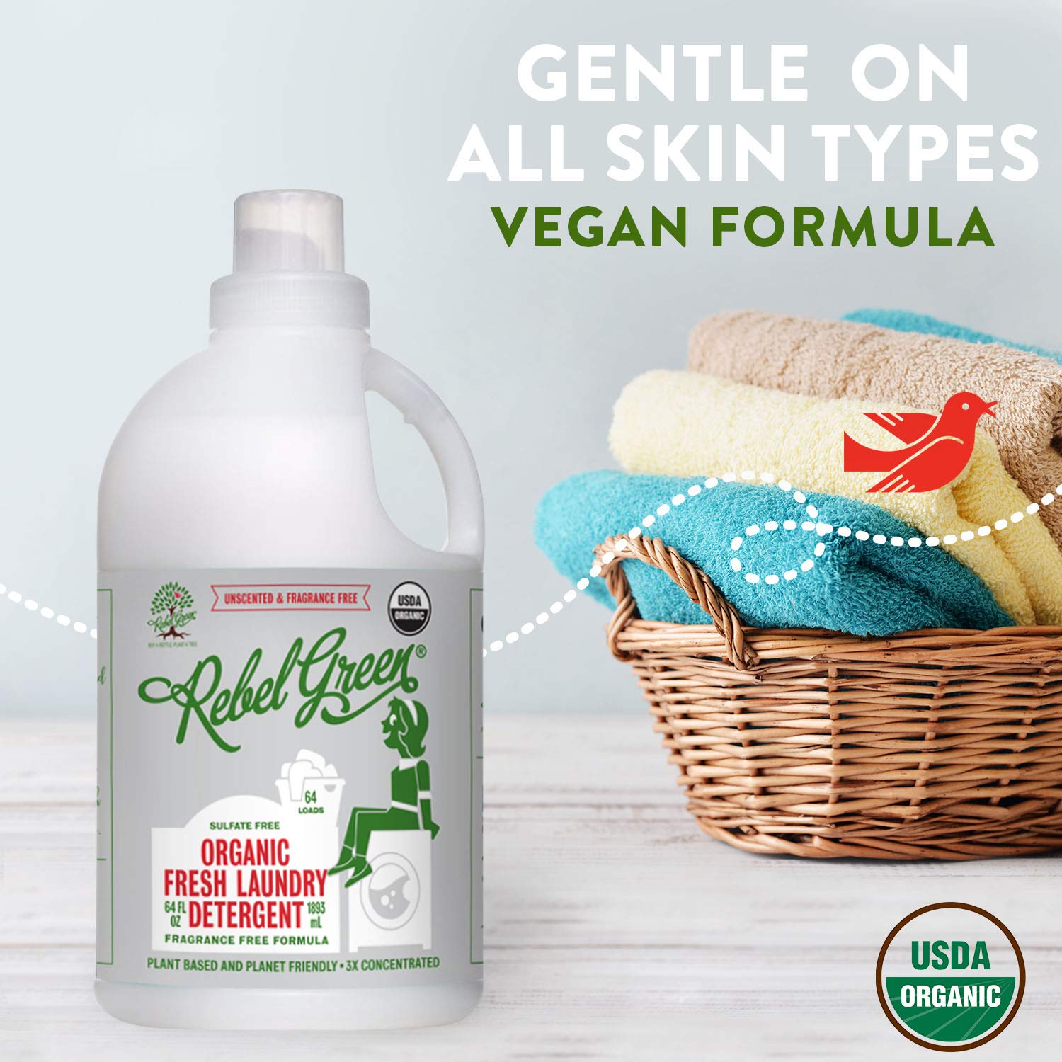 Rebel Green Laundry Detergent, Organic and Sulfate Free Hypoallergenic Laundry Soap, Unscented, 64 Load Bottle