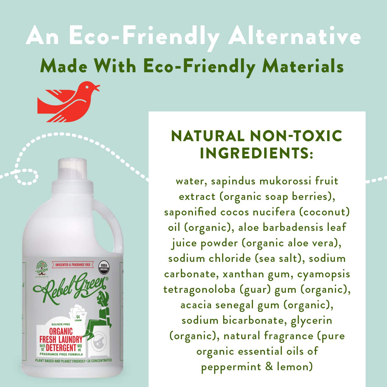 Rebel Green Laundry Detergent, Organic and Sulfate Free Hypoallergenic Laundry Soap, Unscented, 64 Load Bottle